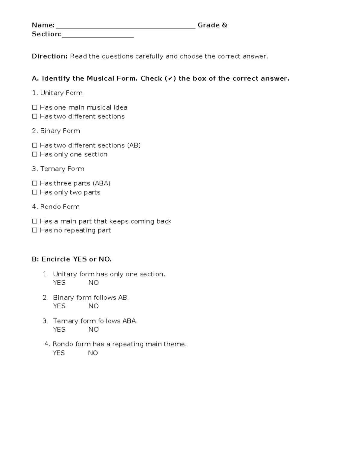 CO K - Lesson Materials: Musical Form Identification Quiz - Studocu