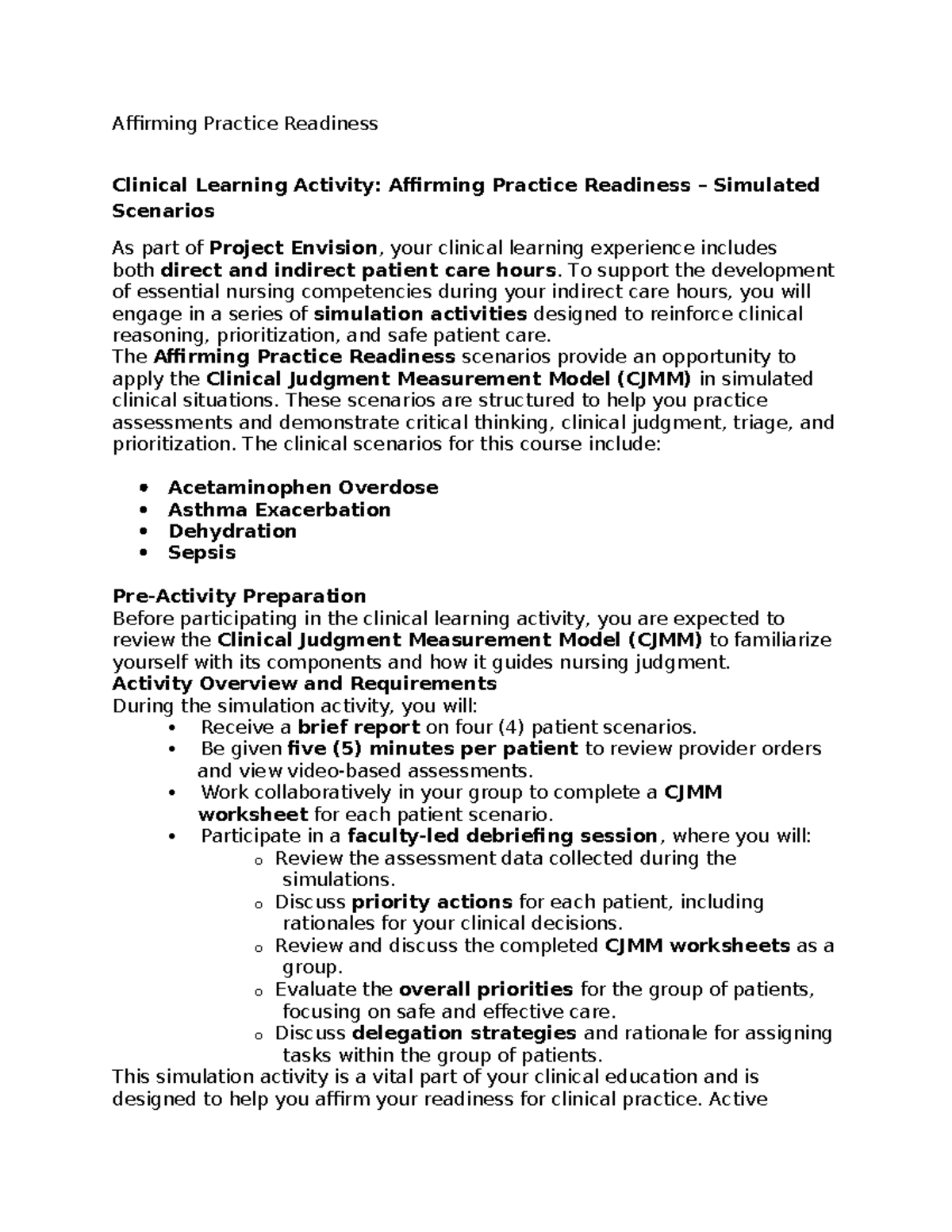 Affirming Practice Readiness Clinical Learning Activity: Sim Scenarios ...