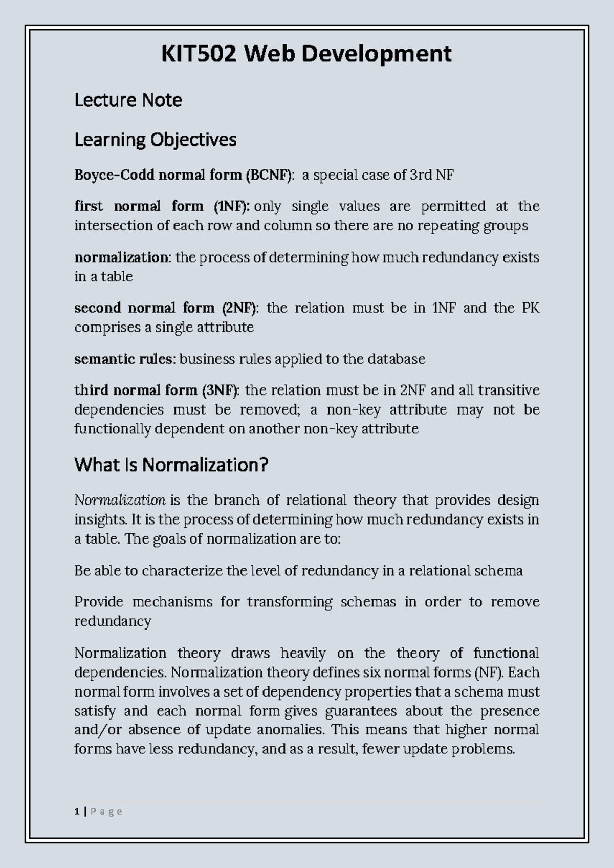 KIT502 Web Development Lecture Note 15 Normalization and Types of Normalization - Lecture Note ...