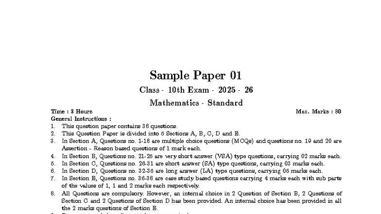 NODIA APP Class 10 Sample Paper 01 Mathematics Exam 2025-26 - Studocu