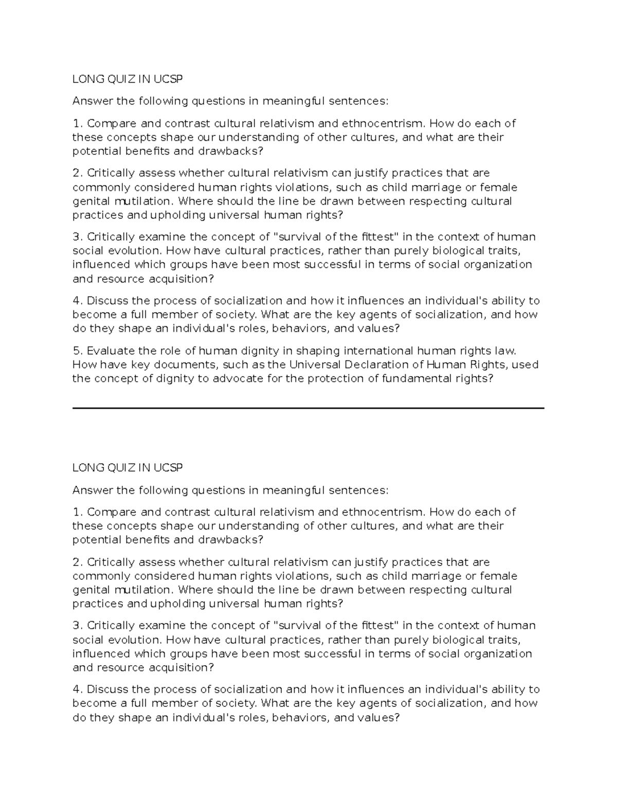 LONG QUIZ IN UCSP - meanwhike - LONG QUIZ IN UCSP Answer the following ...