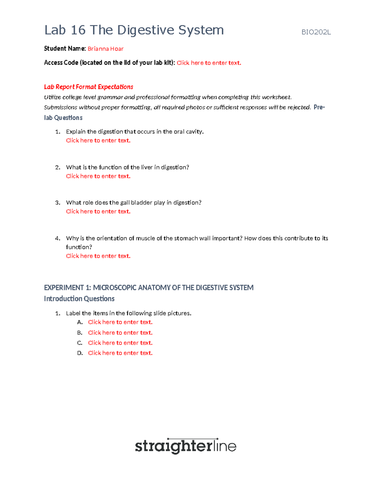 BIO202 Lab 16: Exploring the Digestive System - Brianna Hoar - Studocu