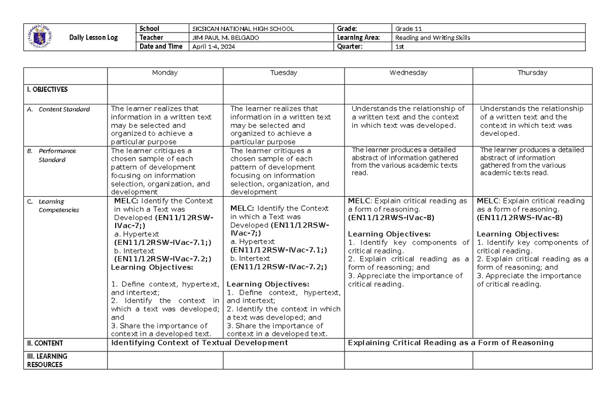 EN11/12RSW Learning Objectives and Daily Lesson Log Overview - Studocu