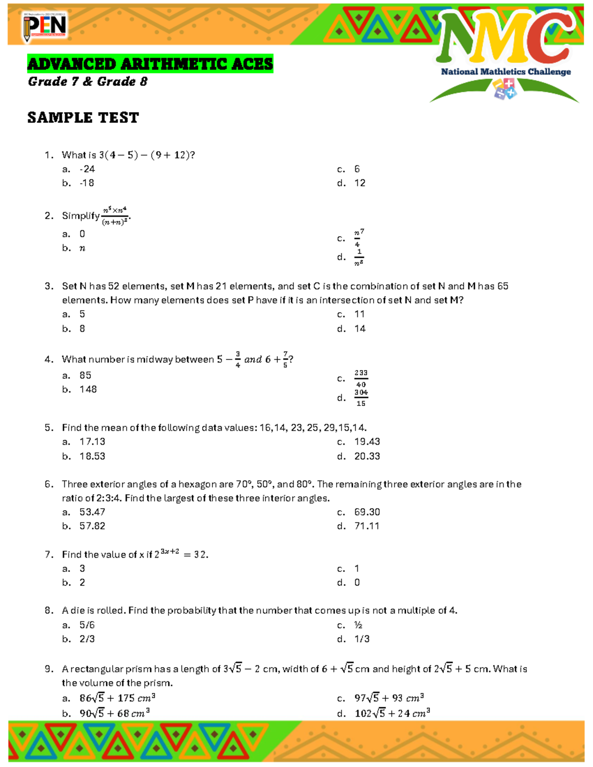 ADVANCED ARITHMETIC ACES Grade 7 & 8 Mock Test 1 - Studocu