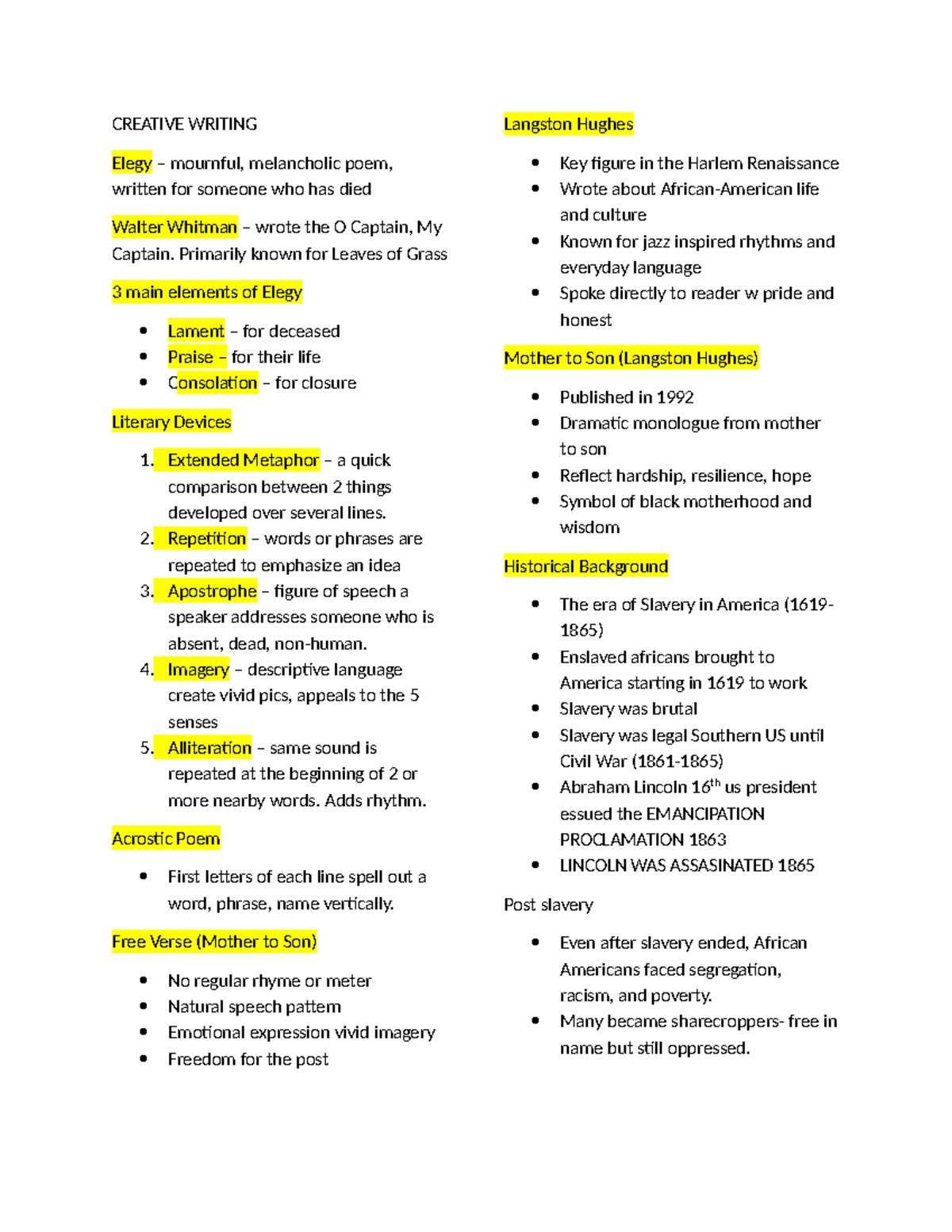 Creative Writing Overview: Langston Hughes & Literary Techniques - Studocu