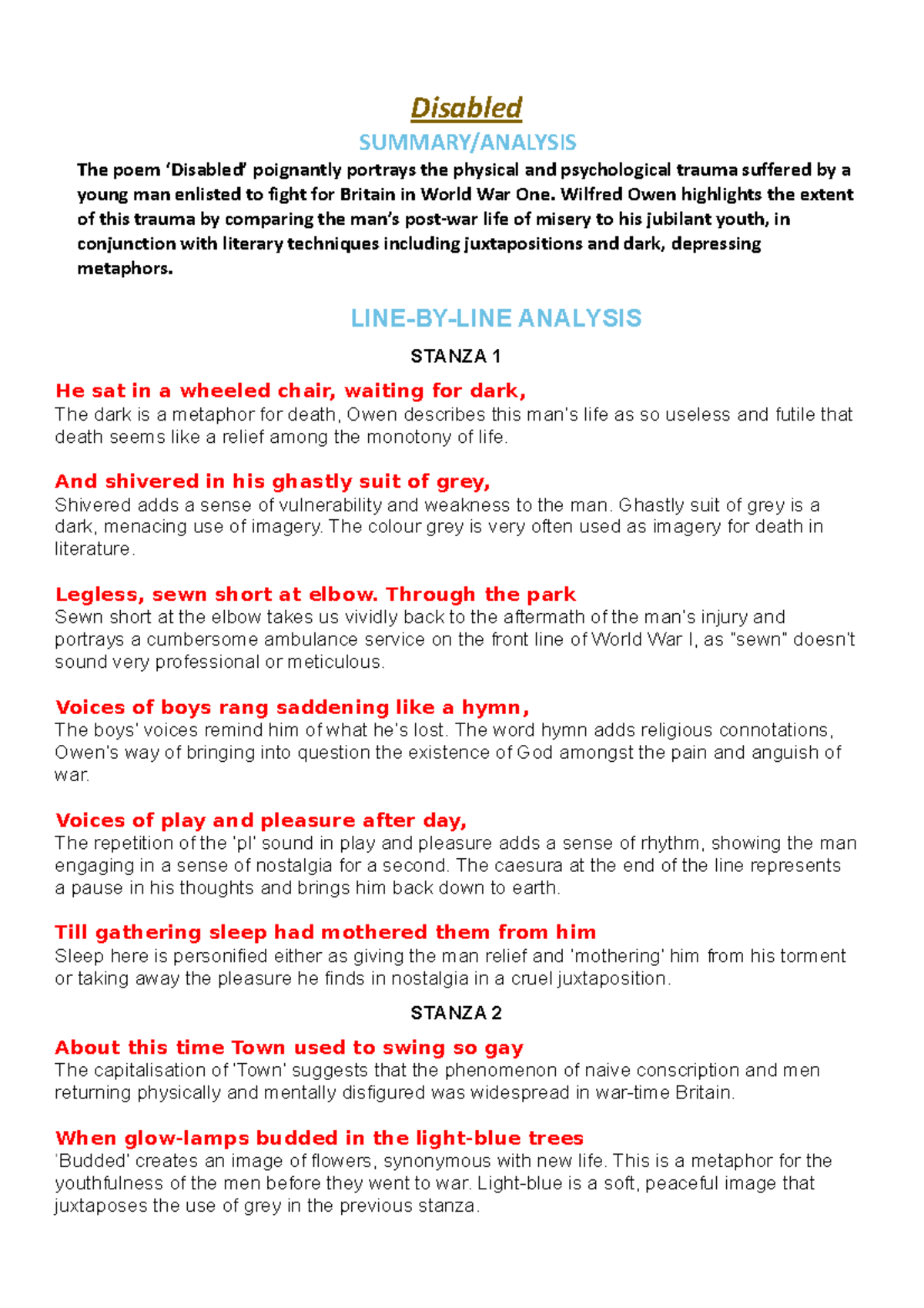 Disabled Poem Analysis: IGCSE Study Notes on Wilfred Owen - Studocu