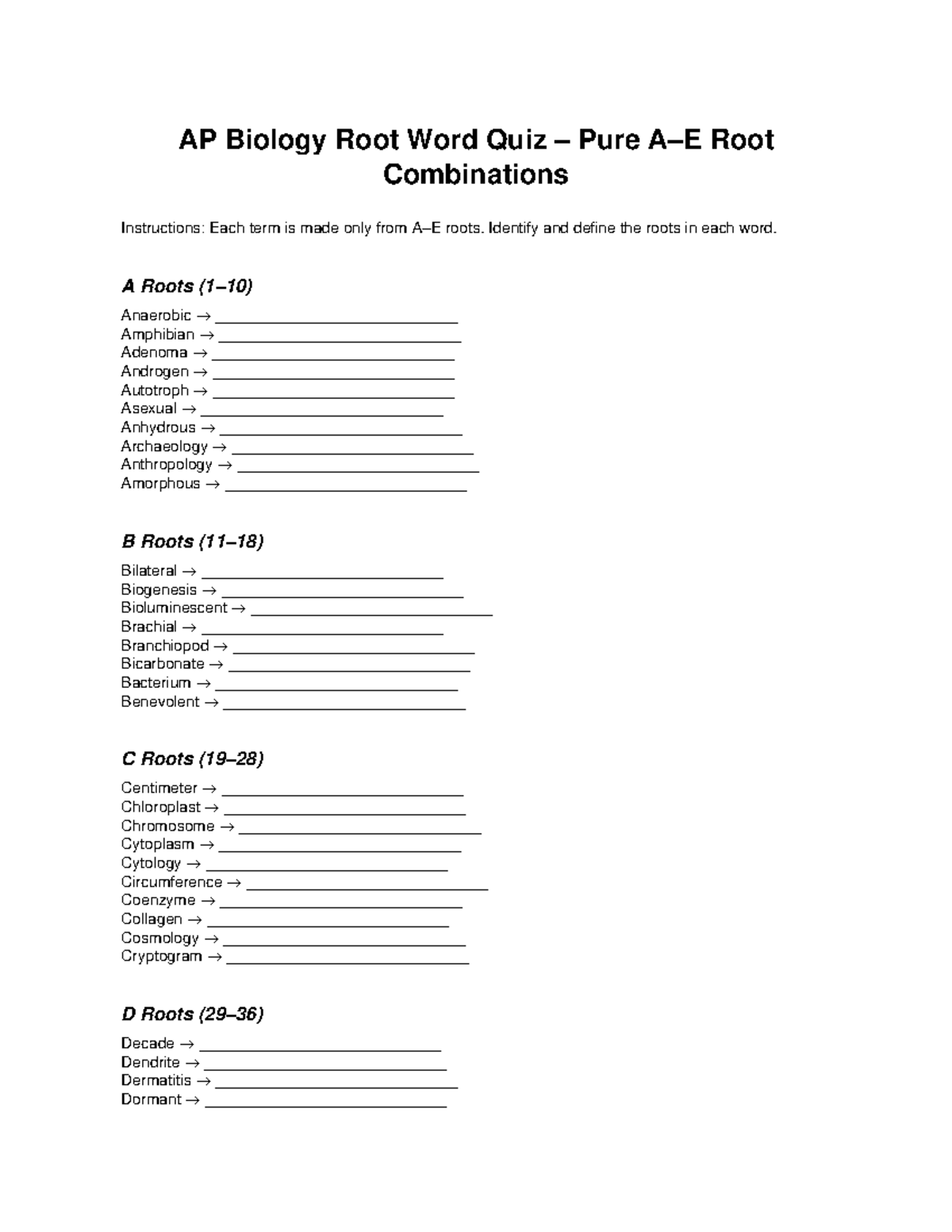 AP Biology Root Word Quiz A to E: Pure Root Combinations - Studocu