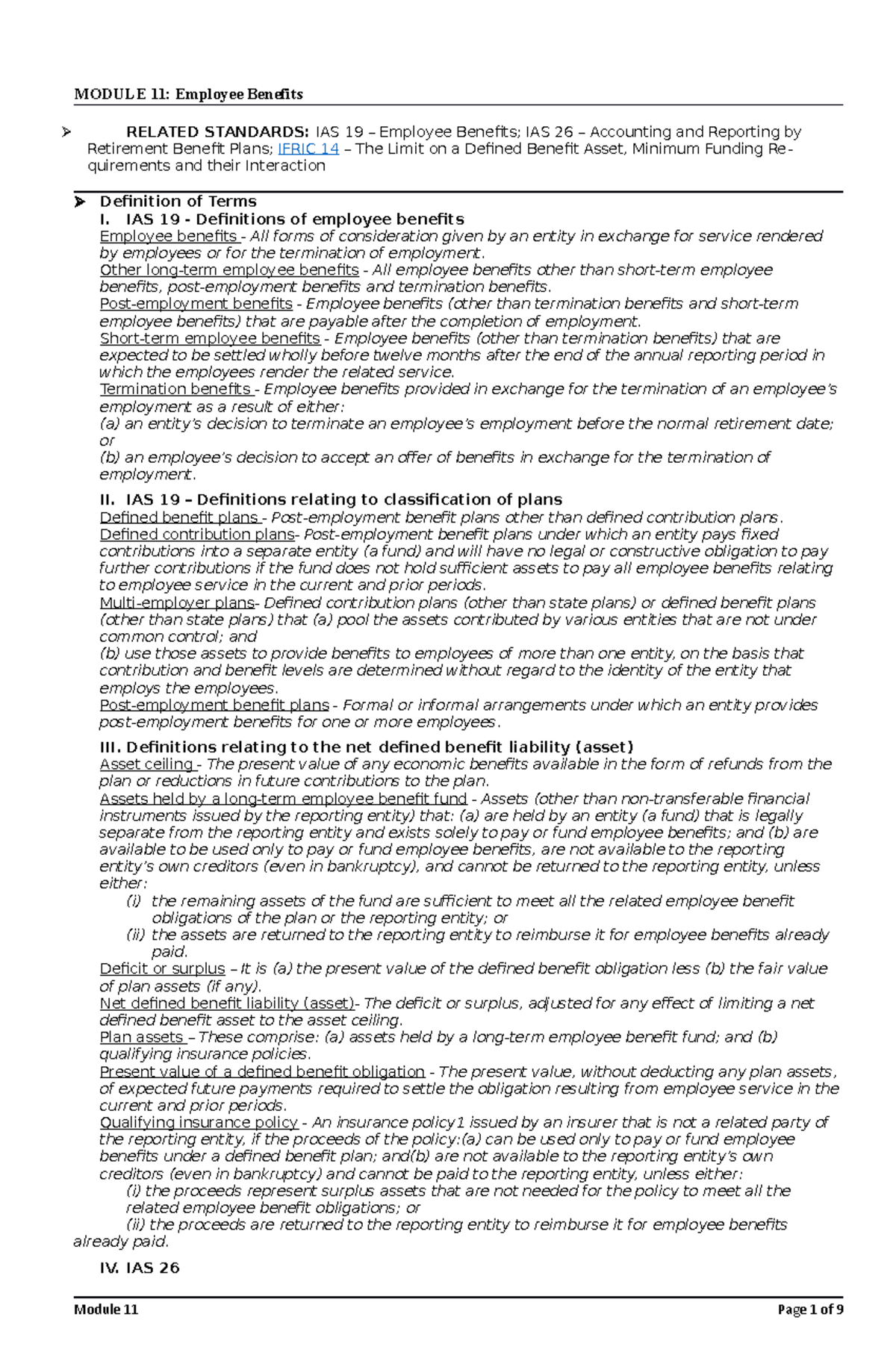 Module 11 - Employee Benefits Overview & Key Accounting Standards - Studocu