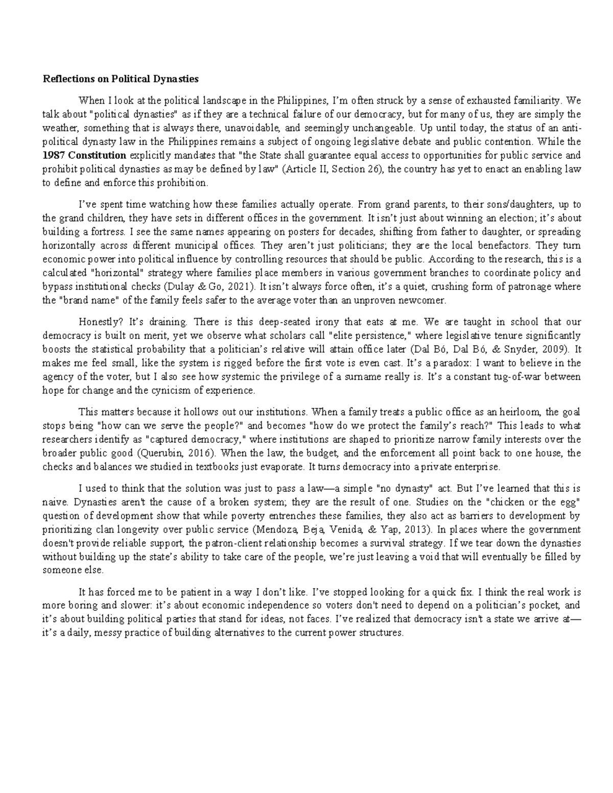 Reflections on Political Dynasties: A Critical Analysis - Studocu