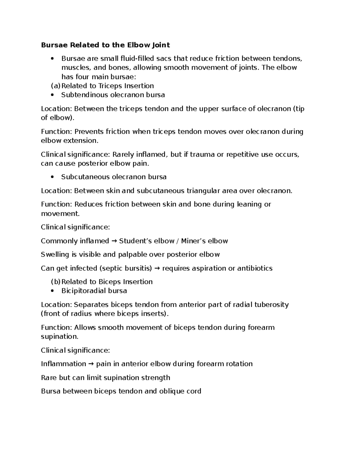 Elbow Joint Bursae: Anatomy, Function, and Clinical Significance - Studocu