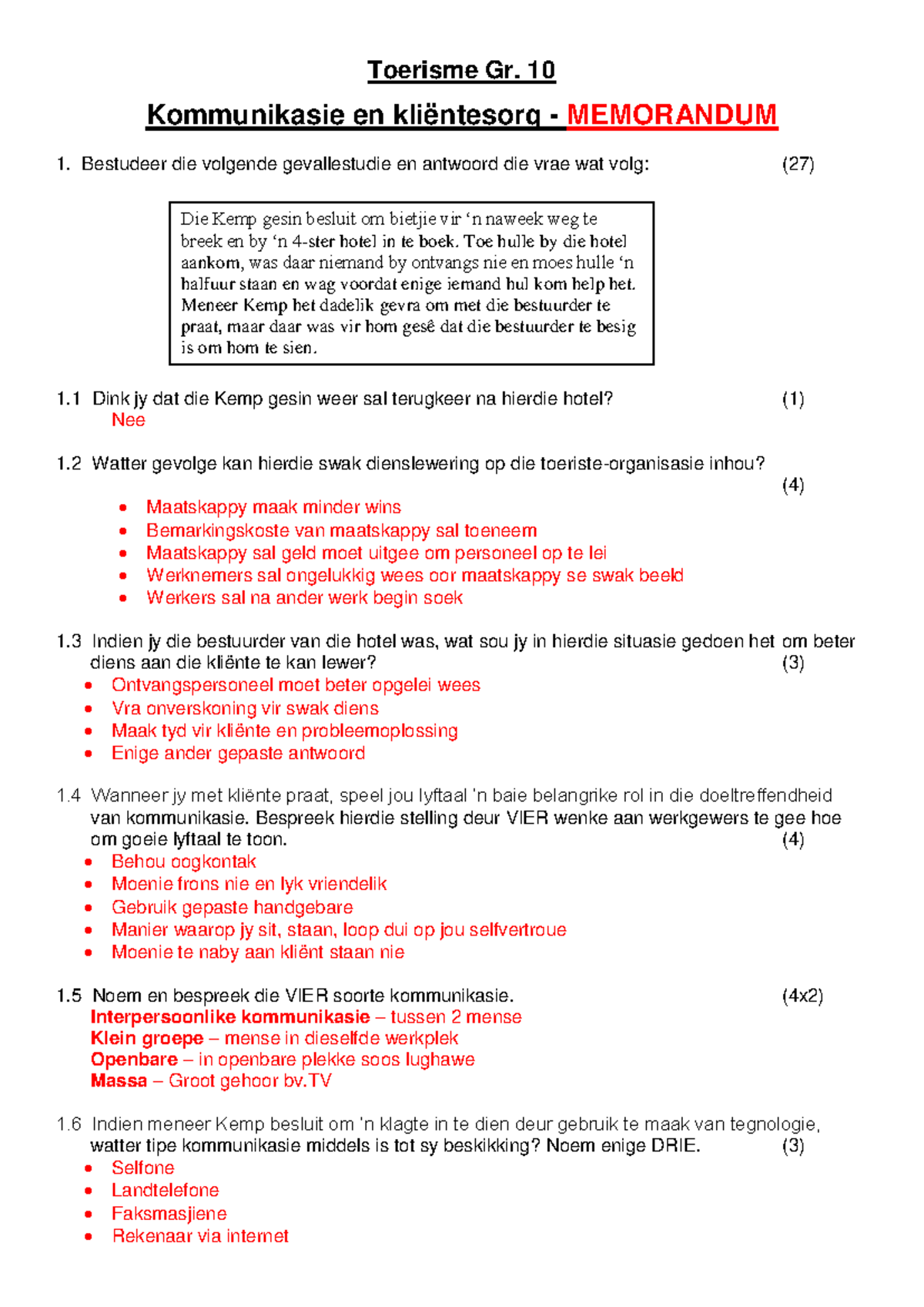 Toerisme Gr. 10: Kommunikasie en Kliëntesorg MEMORANDUM - Studocu