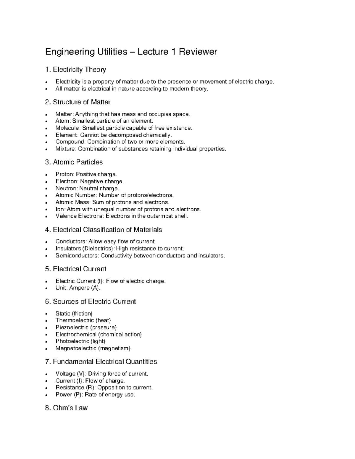 ENGR 101: Utilities Lecture 1 - Electricity Theory & Concepts Review ...