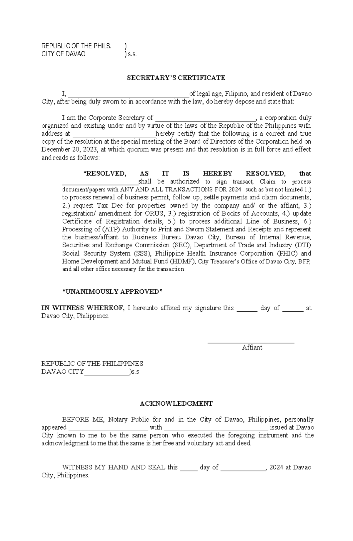 Format of SEC Certificate for Corporate Transactions 2024 - Studocu