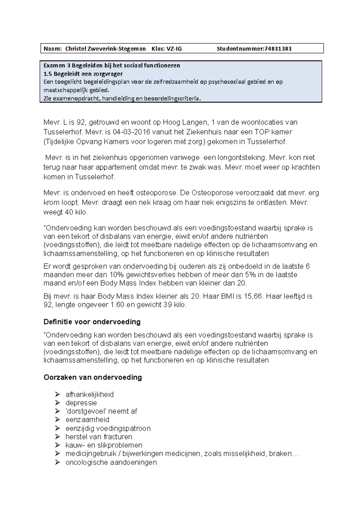Begeleidingsplan voor Mevr. L - Examen 3 VZ-IG - Studeersnel