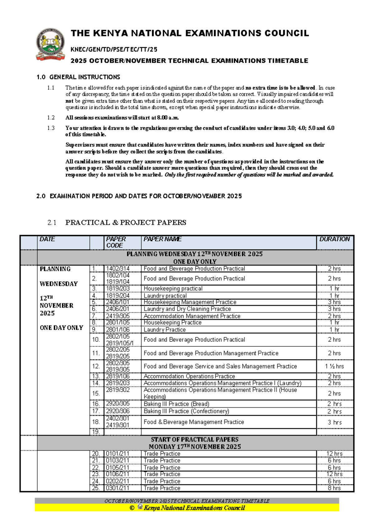 2025 TECHNICAL EXAMINATIONS TIMETABLE - KNEC - Studocu