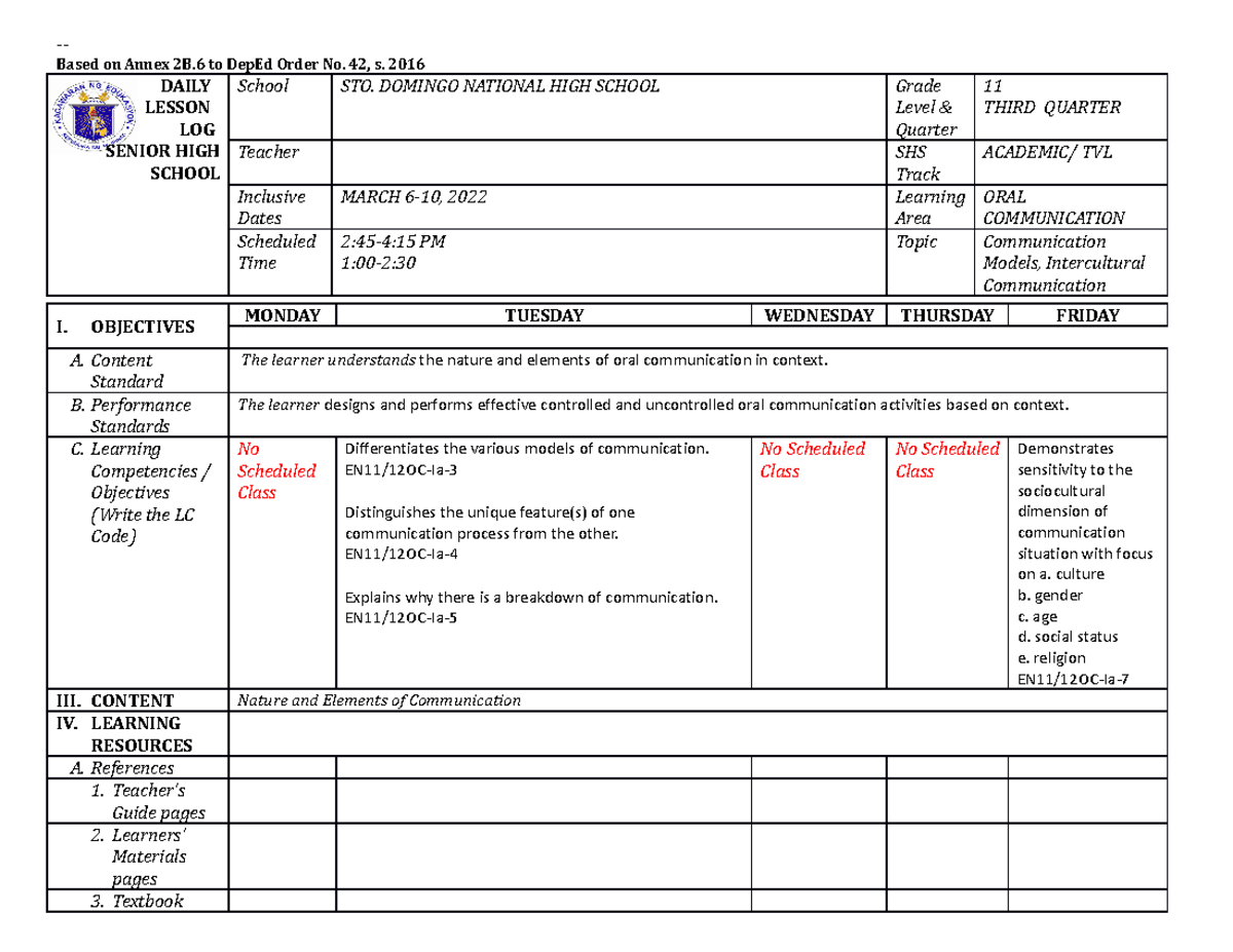 Daily Lesson Log: Oral Communication - SHS Grade 11, 3rd Quarter - Studocu