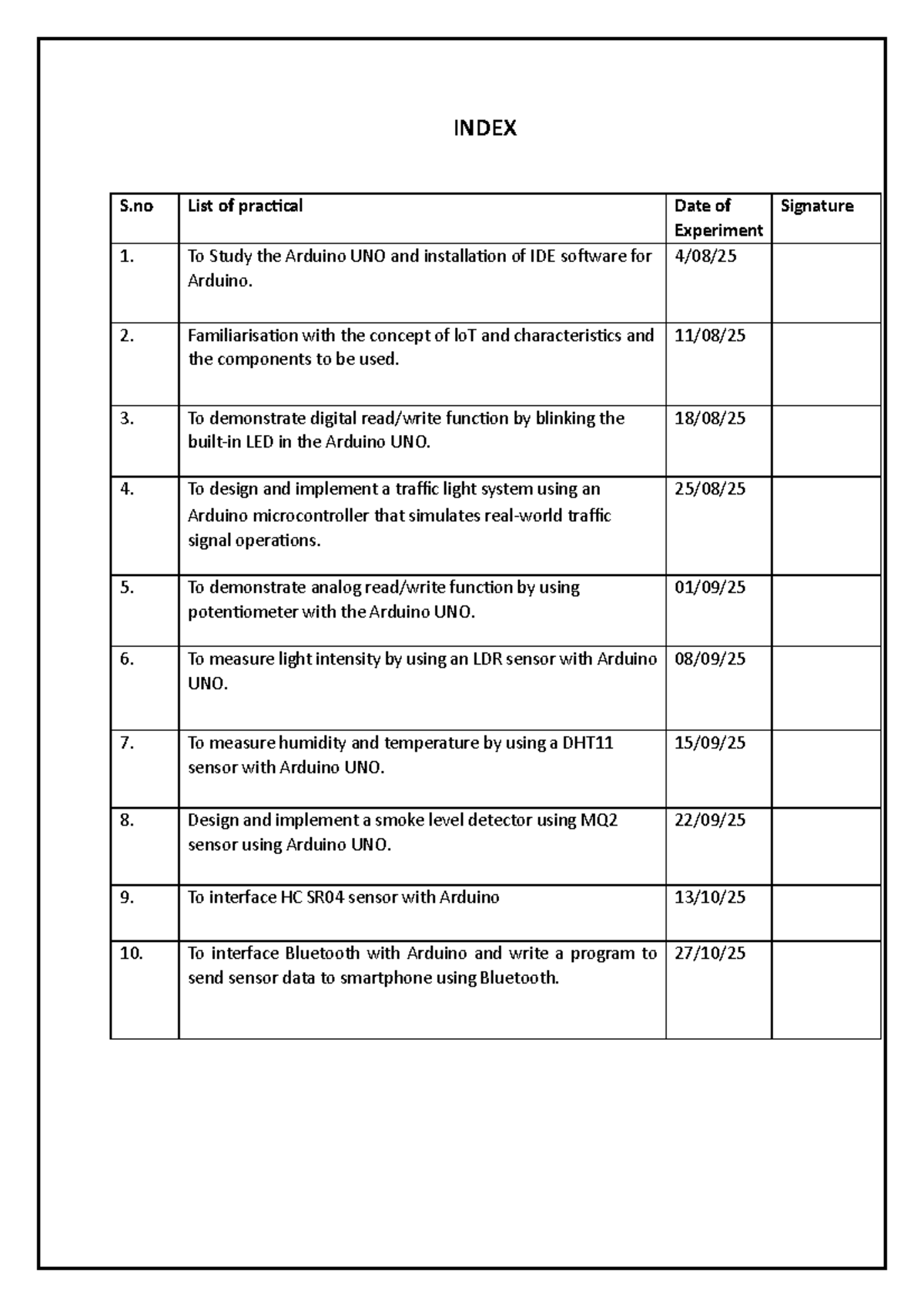 Arduino Practical Experiments Index for IoT Applications - Studocu