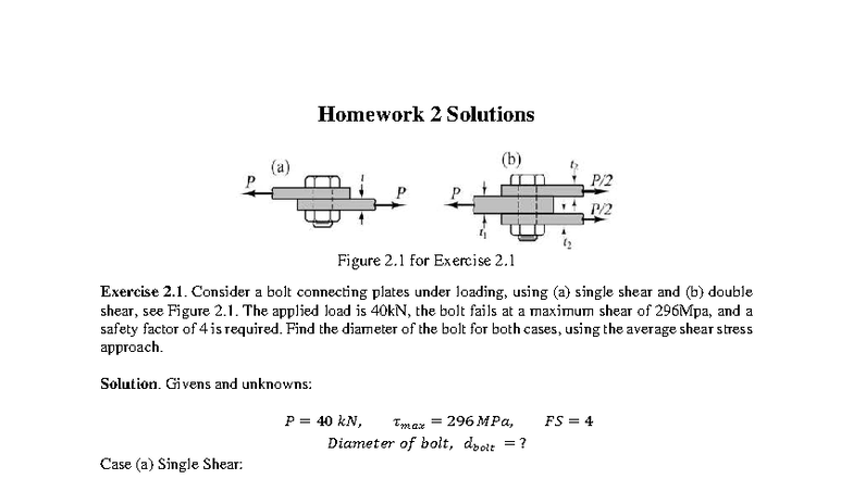 Homework 02 Solutions: Bolt Shear Stress Analysis and Calculations ...