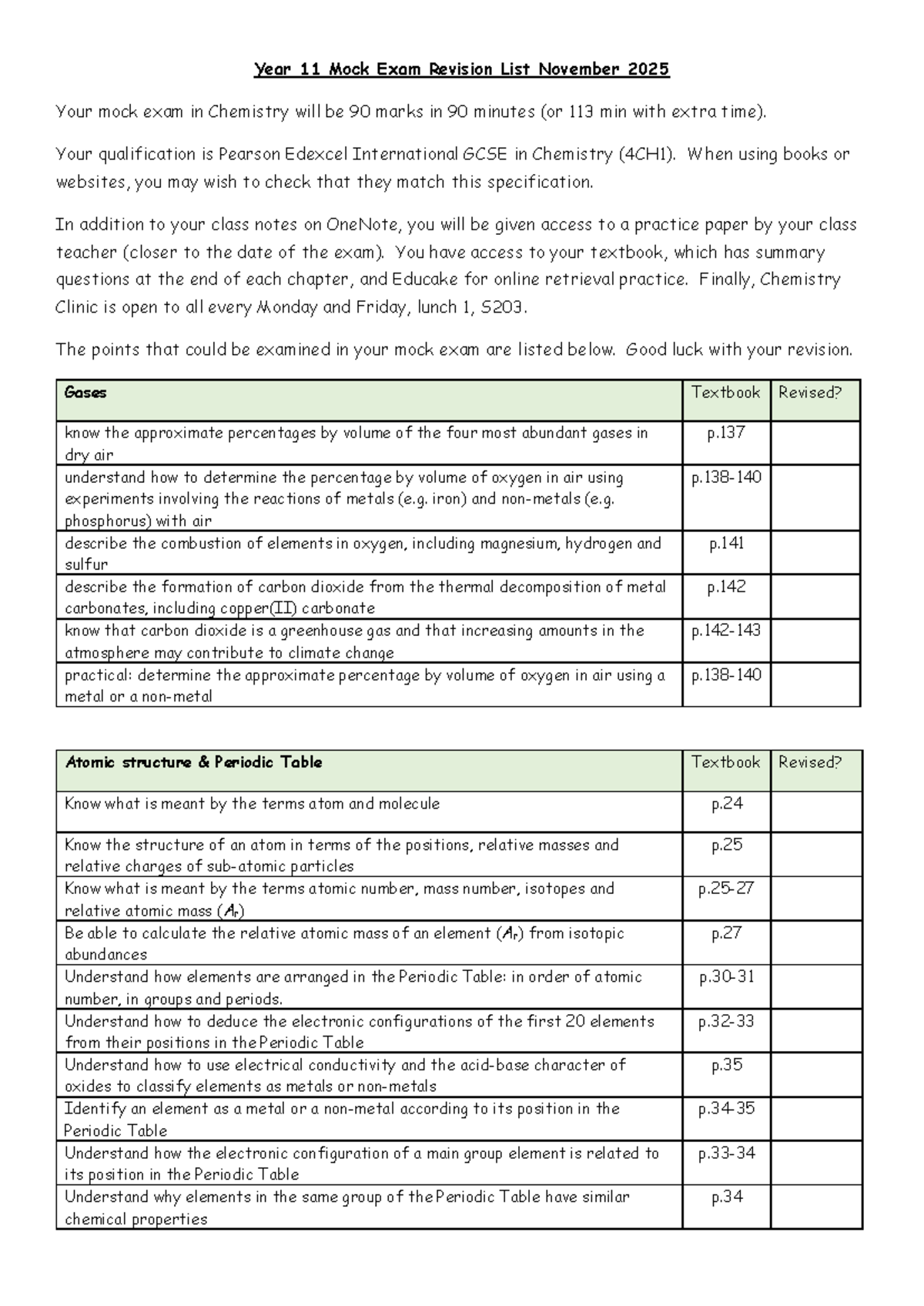 Year 11 Chemistry Mock Exam Revision Guide (4CH1) November 2025 - Studocu