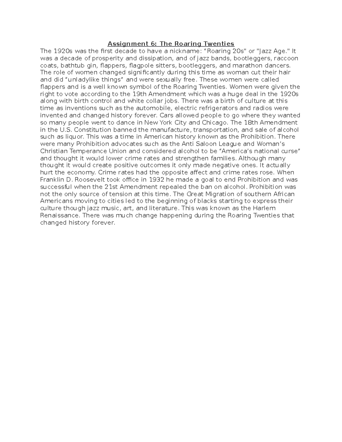 Assignment 6- The Roaring Twenties - " It was a decade of prosperity ...