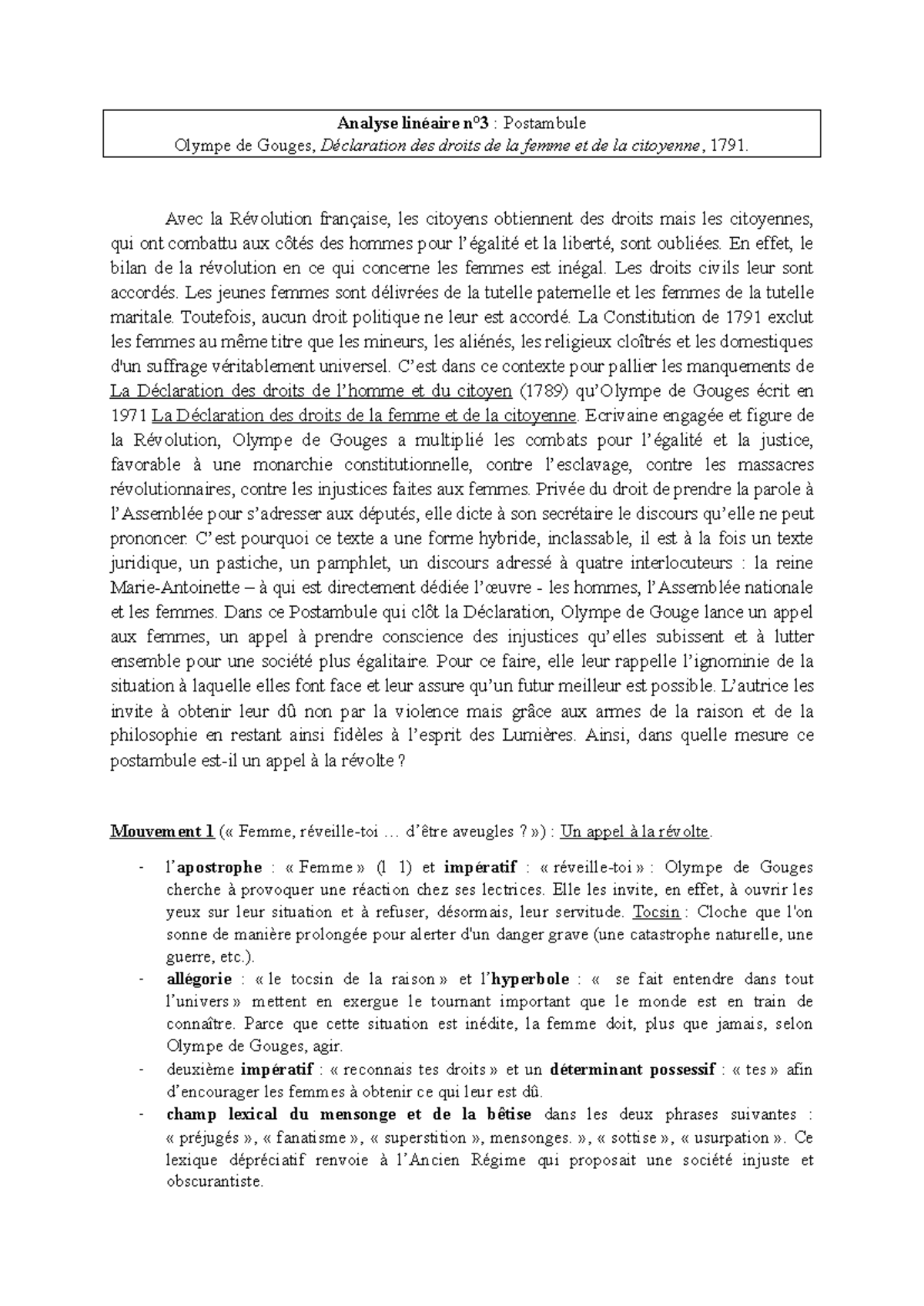 Analyse linéaire n°3 : Postambule d'Olympe de Gouges et ses enjeux - Studocu