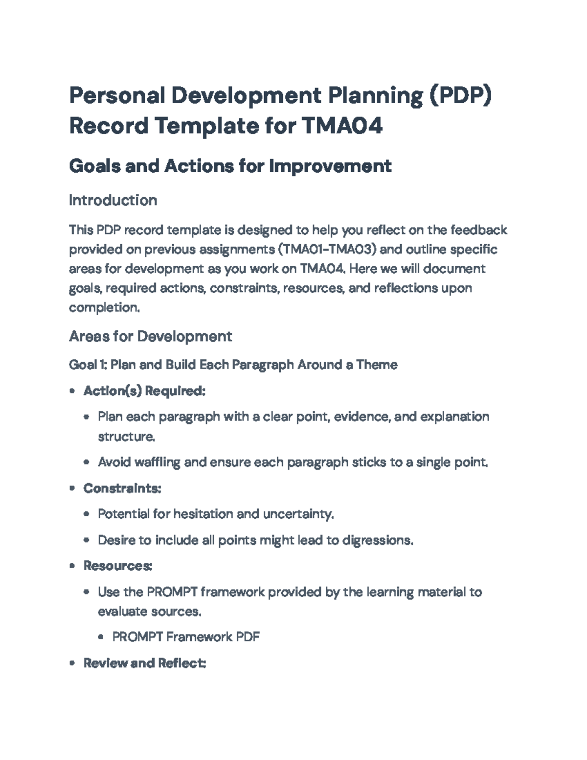 Personal Development Planning (PDP) Record for TMA04: Goals ...