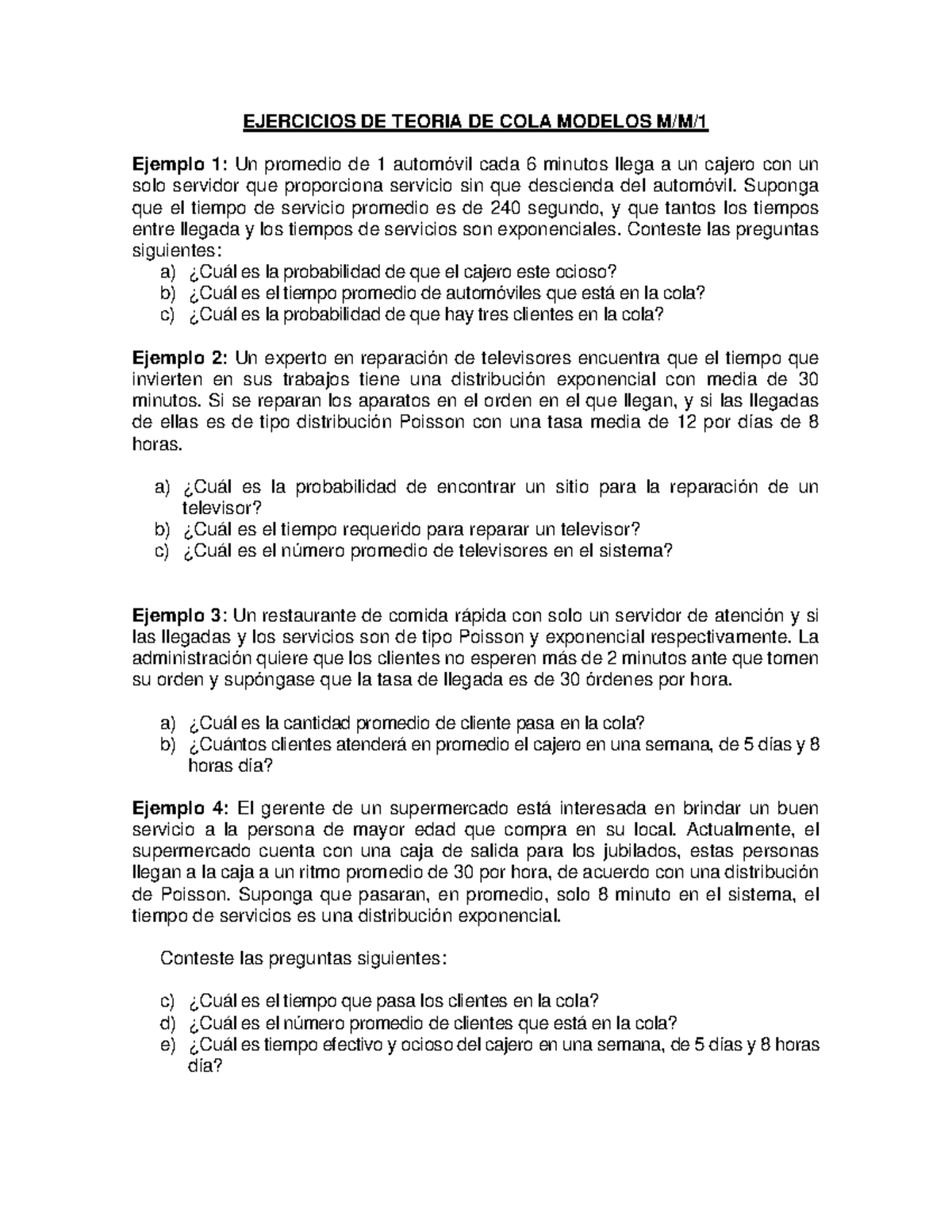 Ejercicios de Teoría de Cola Modelos MM1: Ejemplos y Problemas ...
