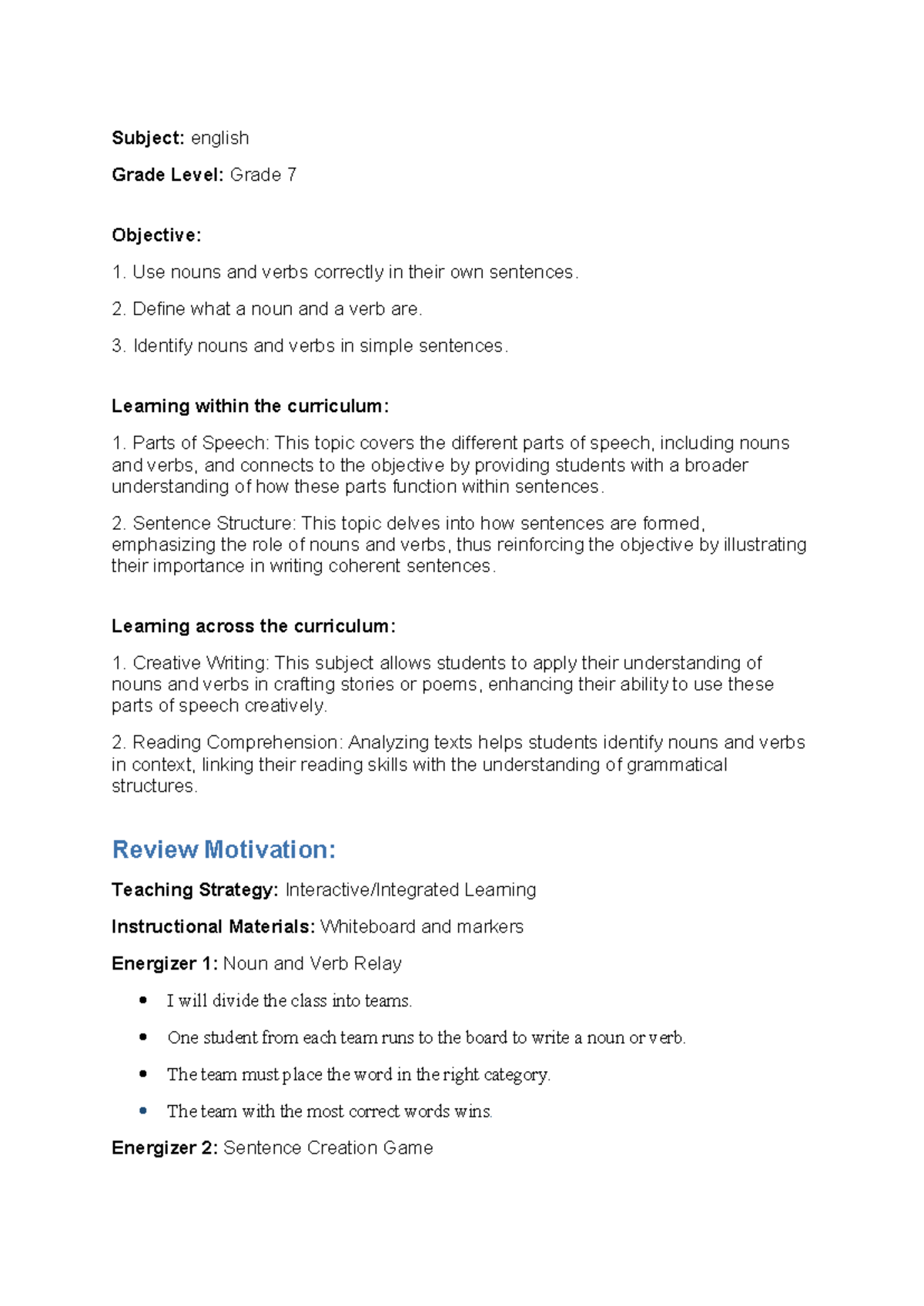 Grade 7 English Lesson Plan: Nouns & Verbs Mastery - Studocu