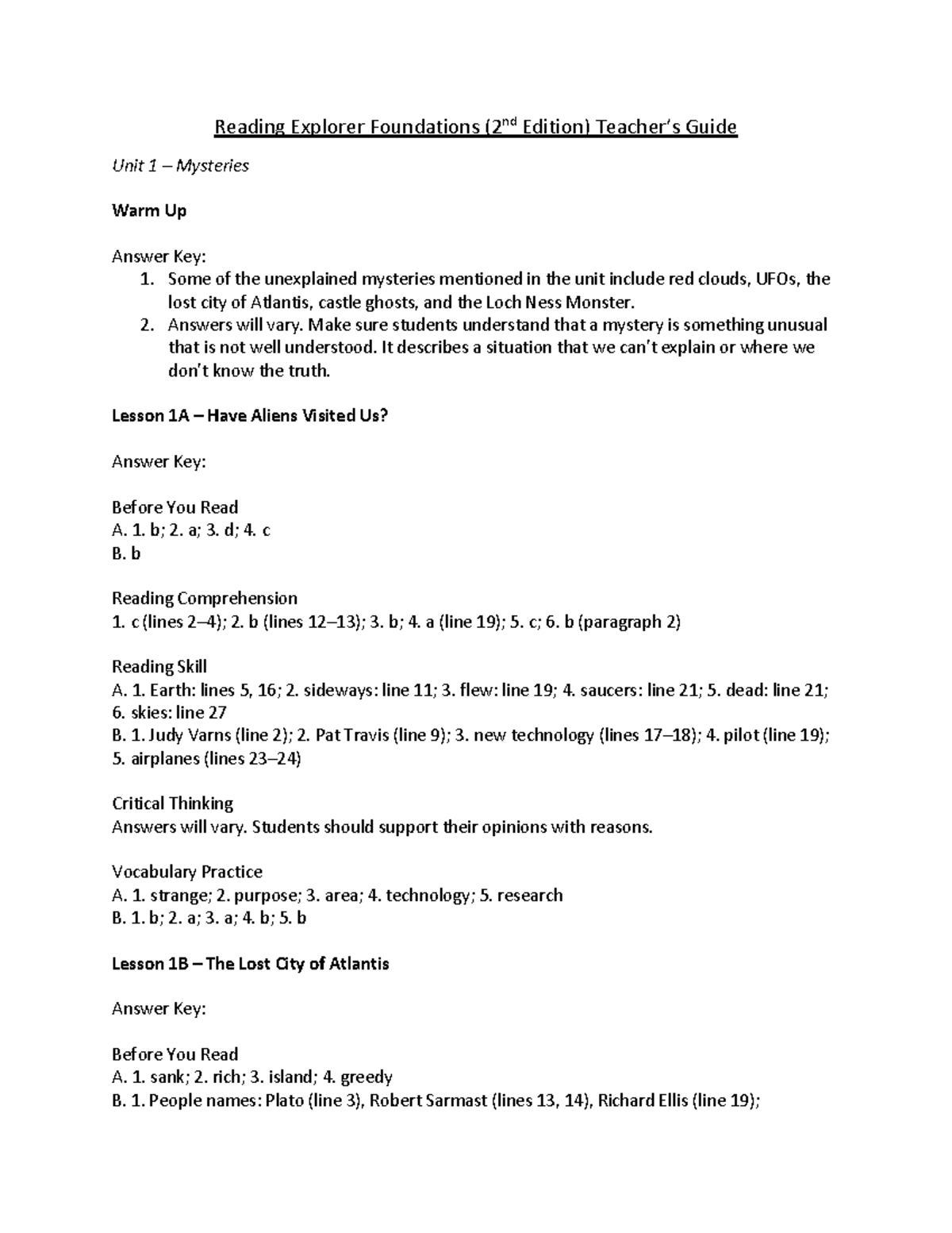 Reading Explorer Foundations (2nd Ed) Teacher's Guide Overview - Studocu