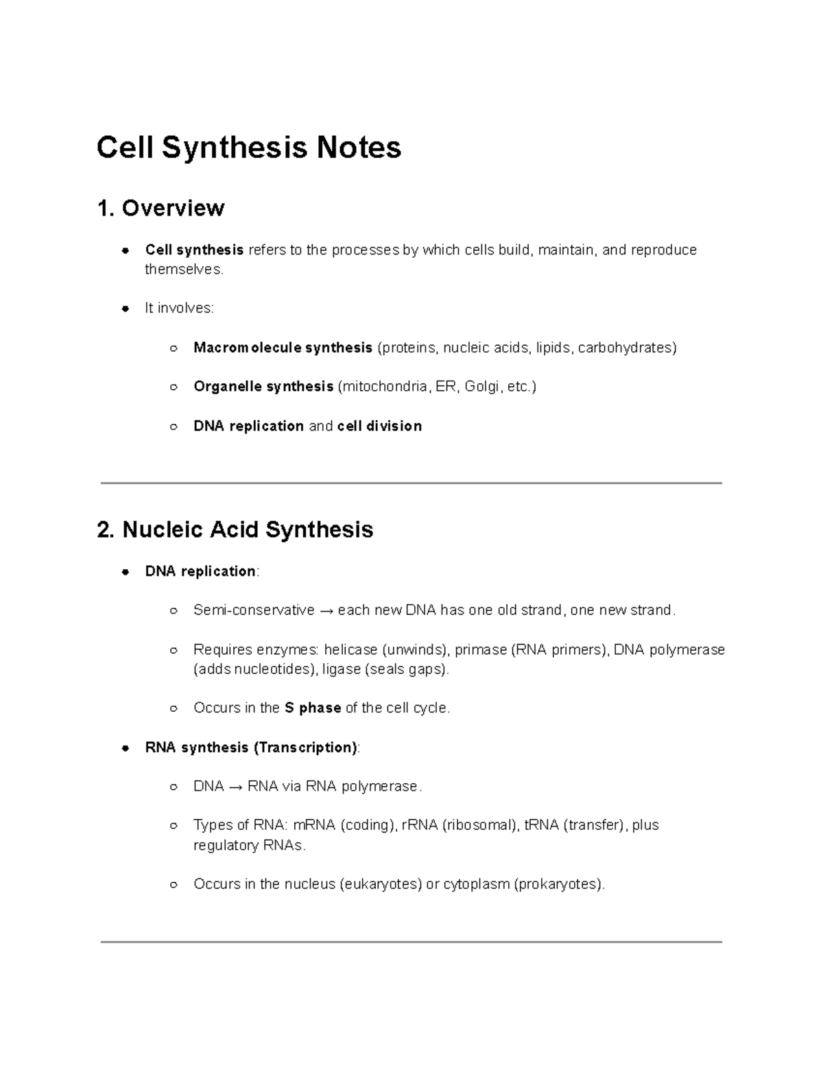 Cell Synthesis Notes: Overview of Processes and Mechanisms - Studocu