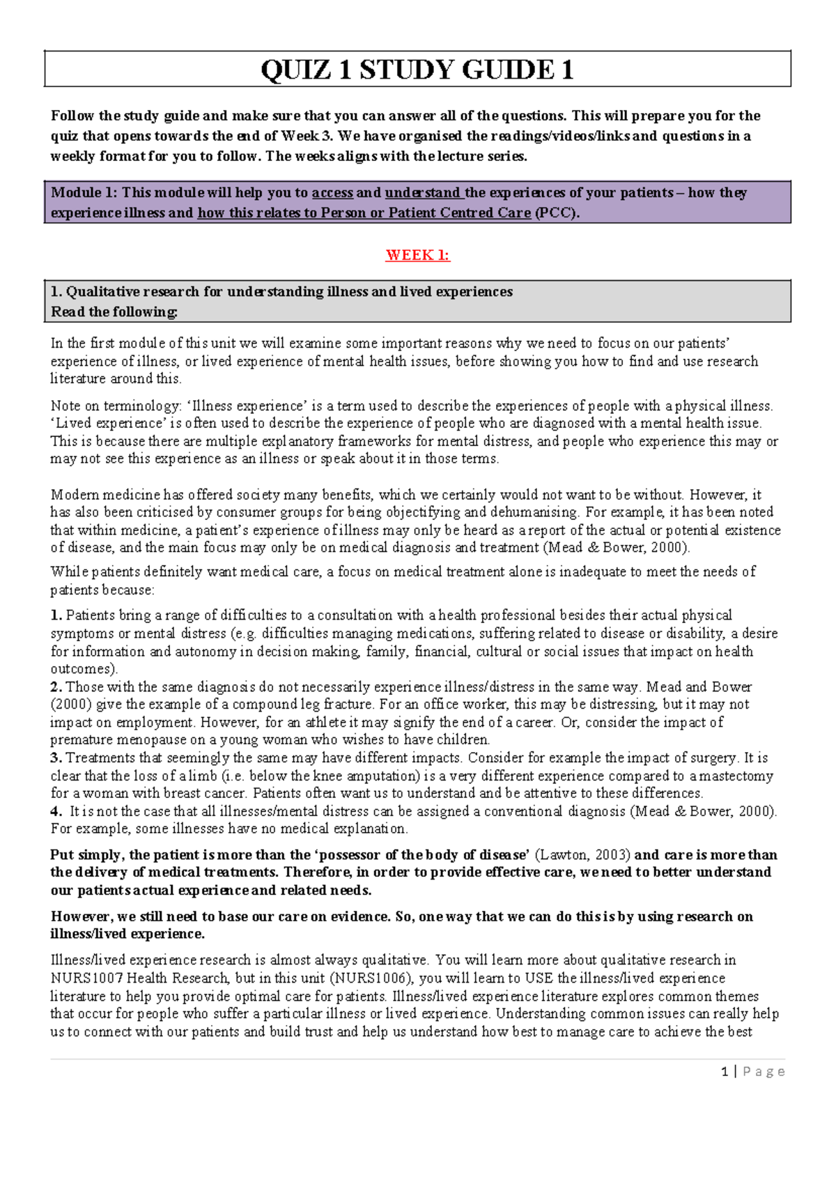 NURS1006 Quiz 1 Study Guide: Understanding Patient Experience - Studocu