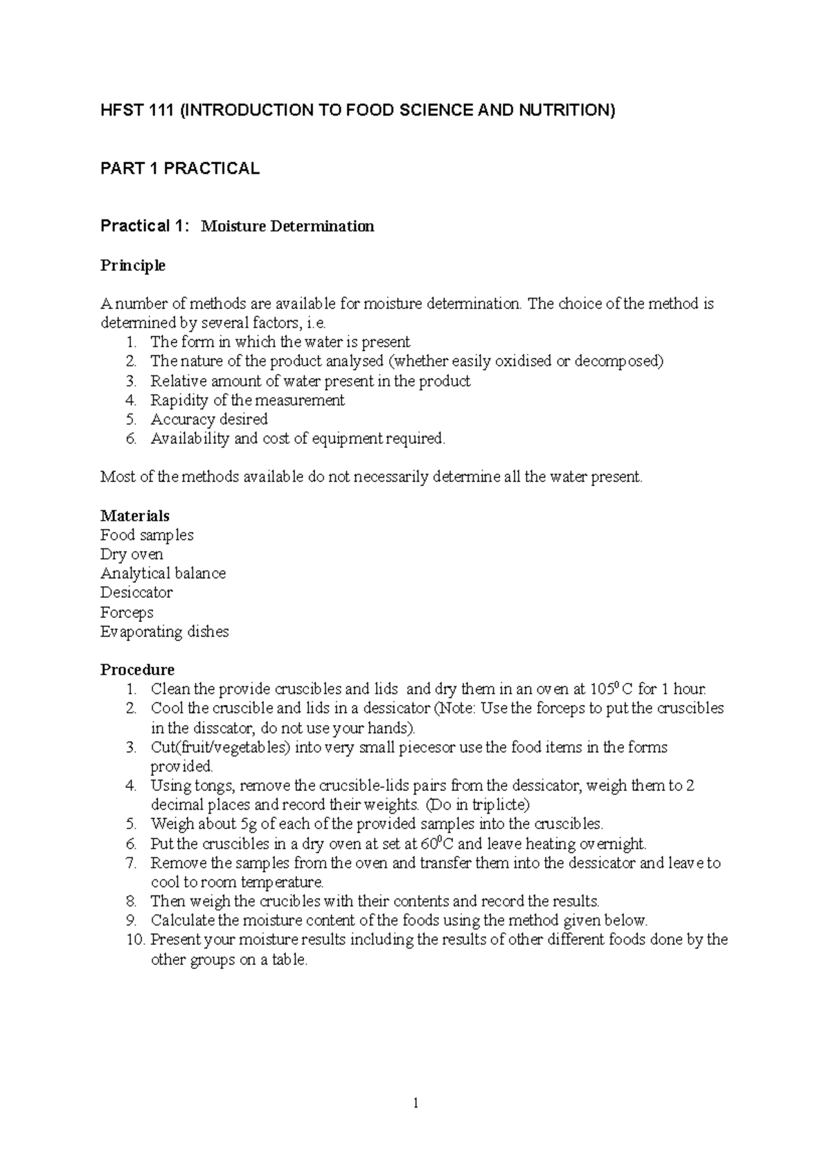 HFST 111 Practical Notes: Moisture Determination and Lipids Analysis ...