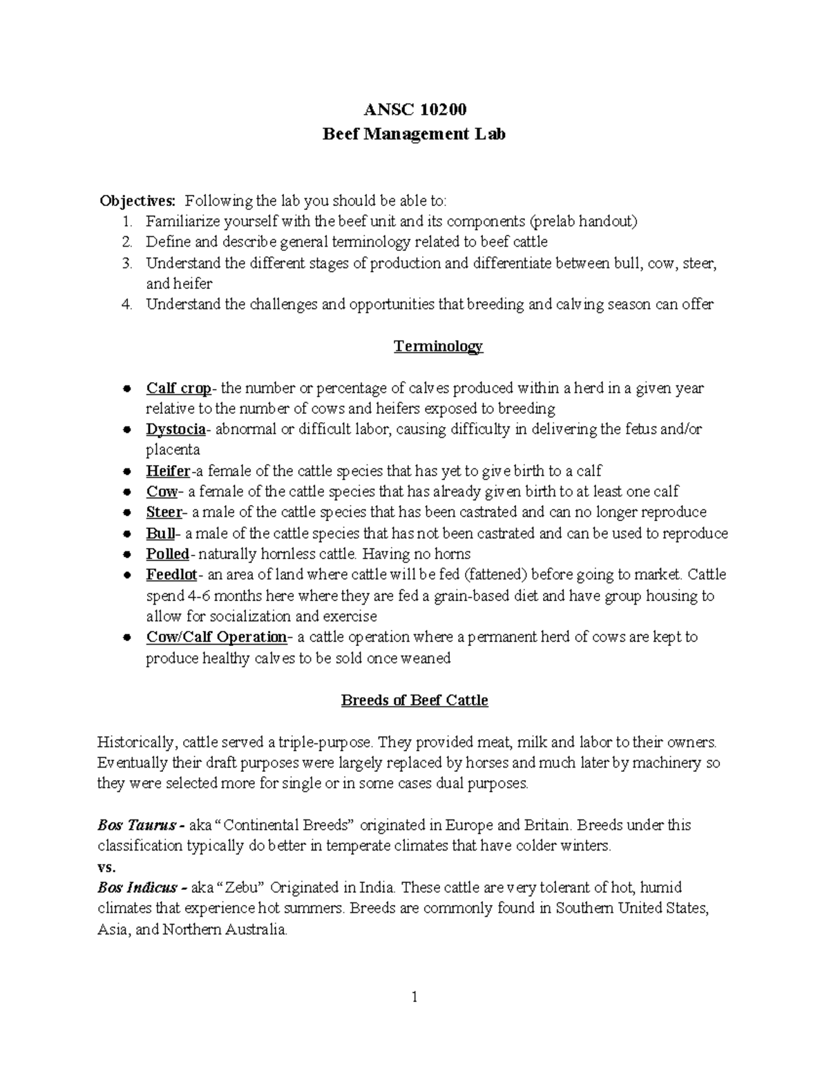 ANSC 10200 Beef Management Lab: Objectives & Terminology Guide - Studocu