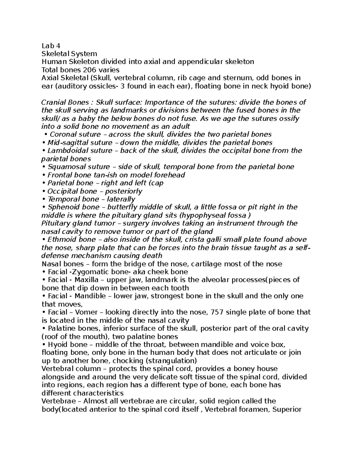 Lab 4 A& P 1 - Lab 4 Skeletal System - Lab 4 Skeletal System Human Skeleton divided into axial ...