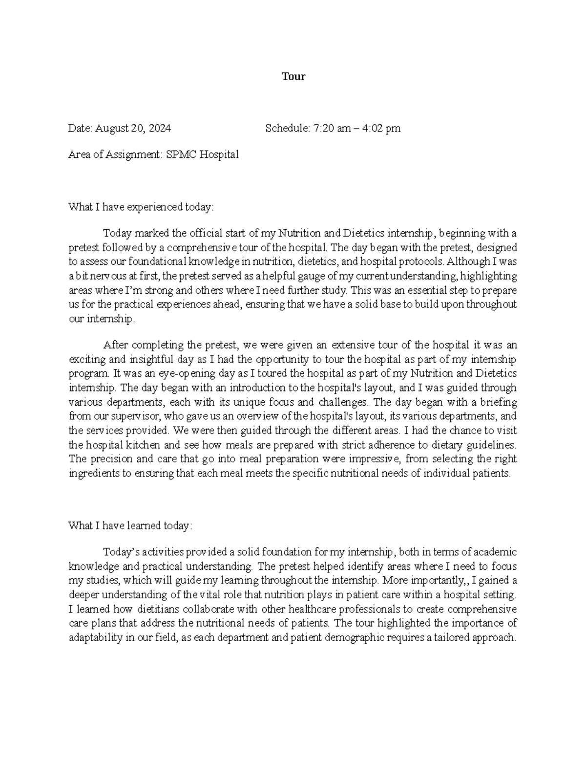 Nutrition & Dietetics Internship Notes: Aug 20-27, 2024 - Studocu