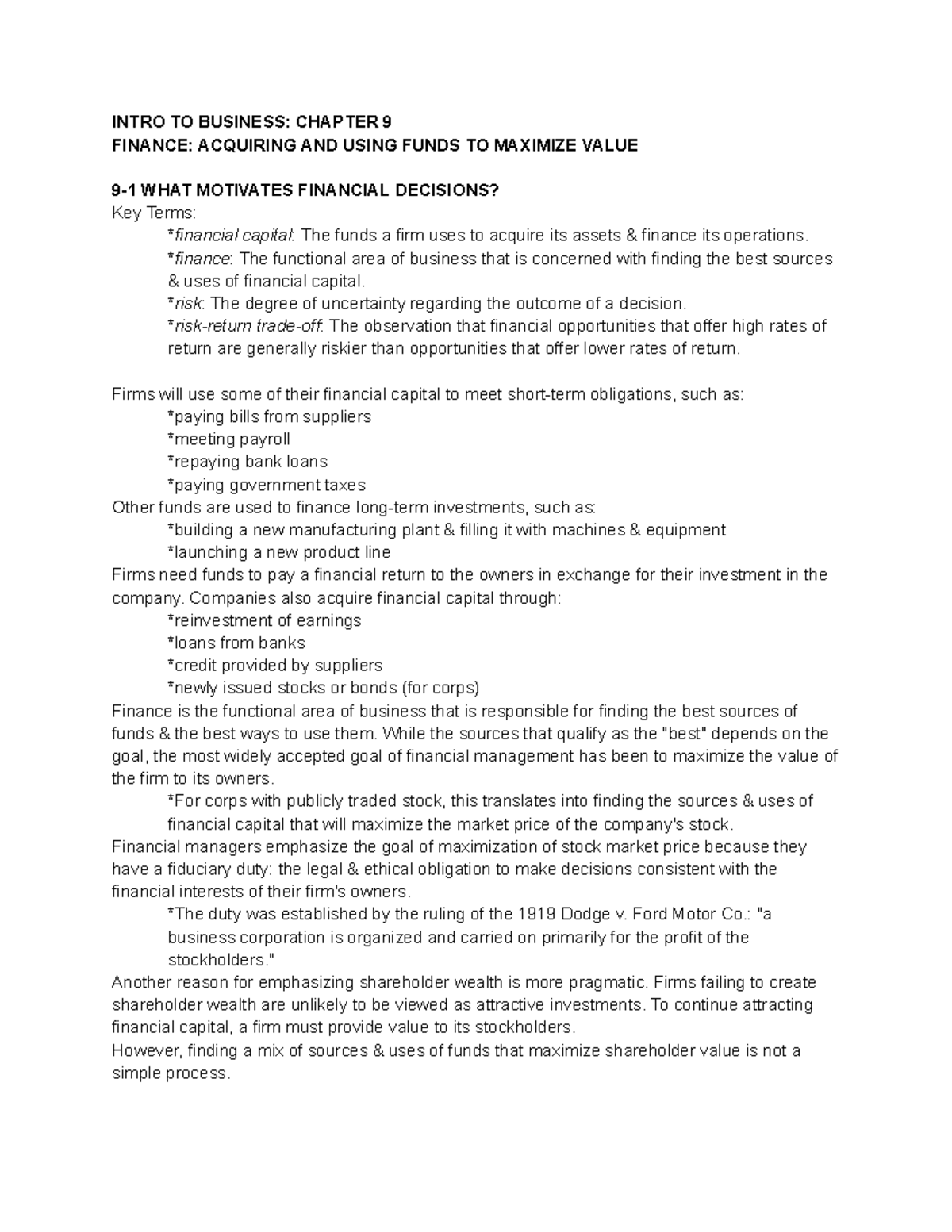 Intro TO Business Chapter 9 - INTRO TO BUSINESS: CHAPTER 9 FINANCE ...