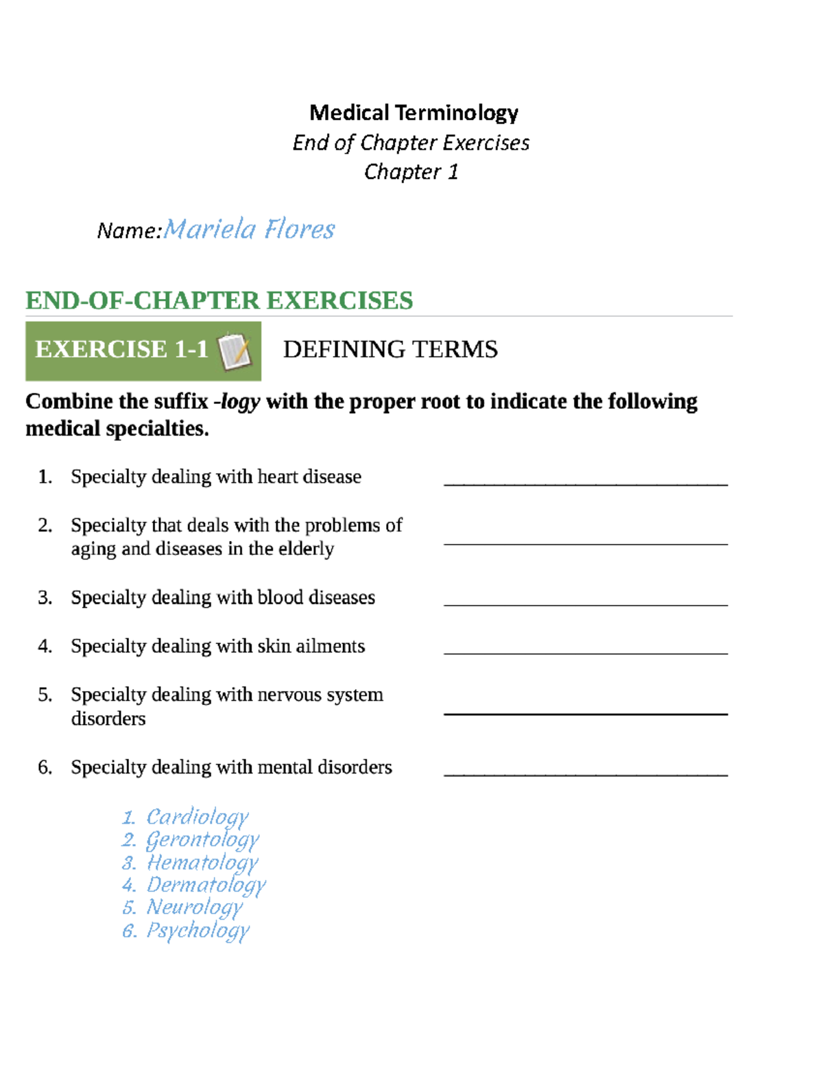 End of Chapter Exercises for Medical Terminology (Chapter 1) - Medical ...
