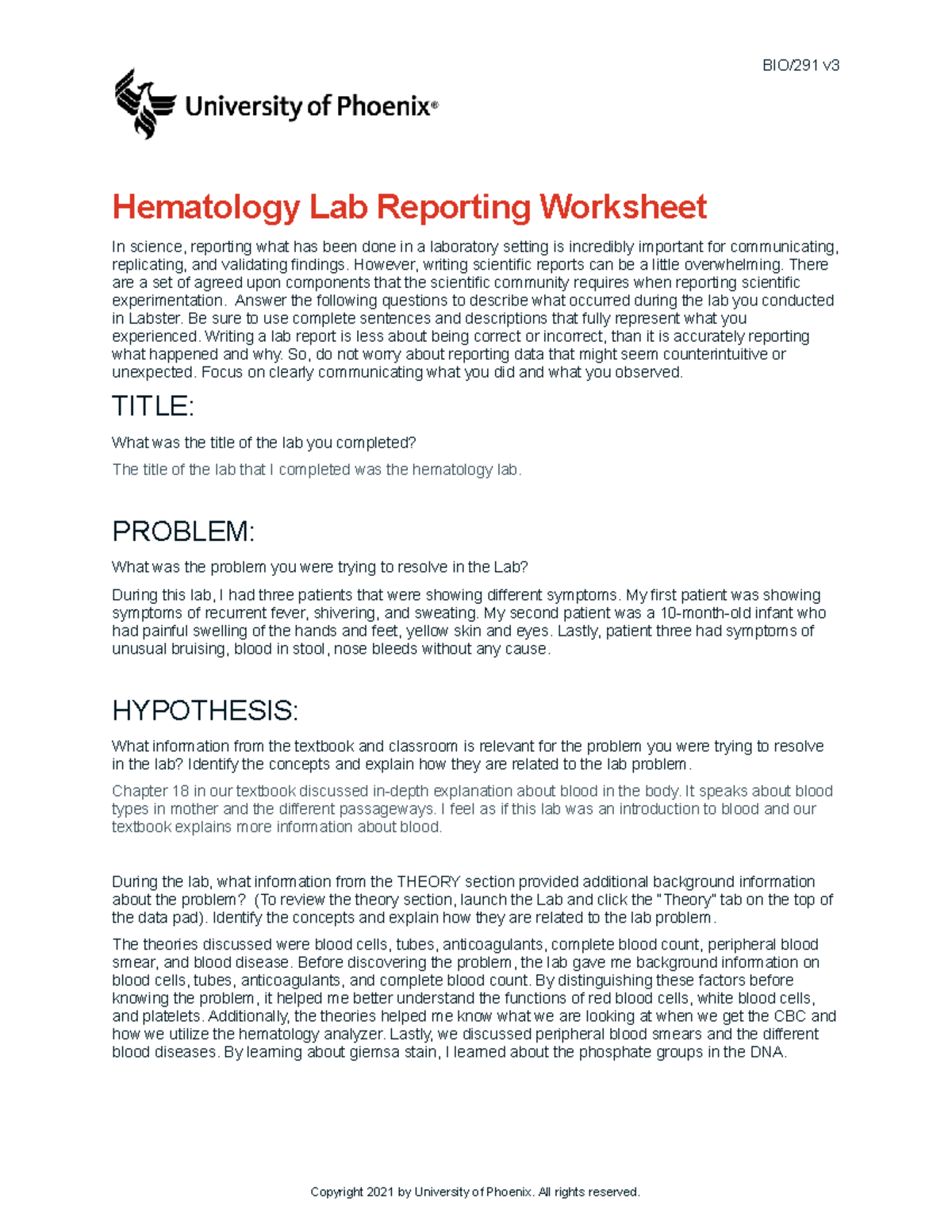 BIO/291 v3 Week 1 Hematology Lab Report Overview and Insights - Studocu