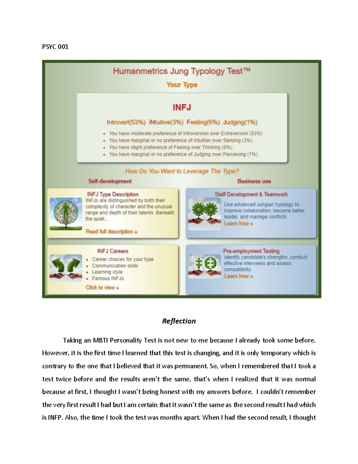 PSYC 001 Reflection Paper on the MBTI Personality Test Experience - Studocu