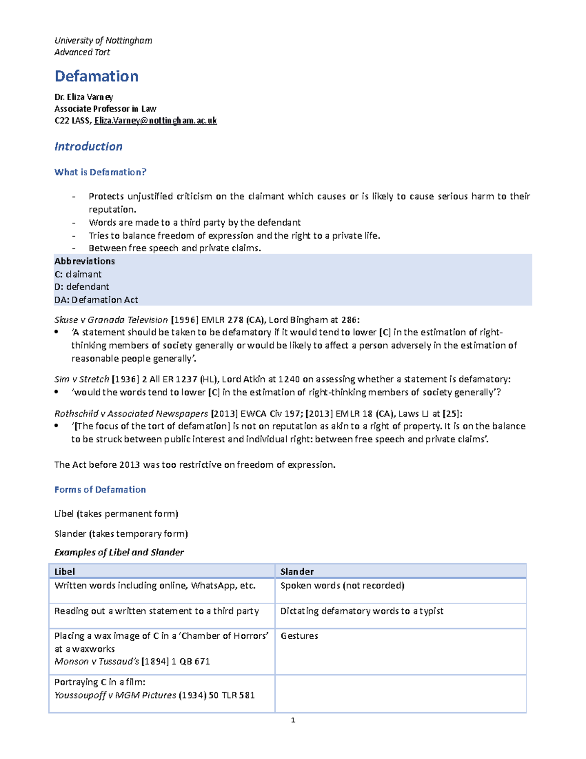 2. Defamation Handout - Advanced Tort Defamation Dr. Eliza Varney ...