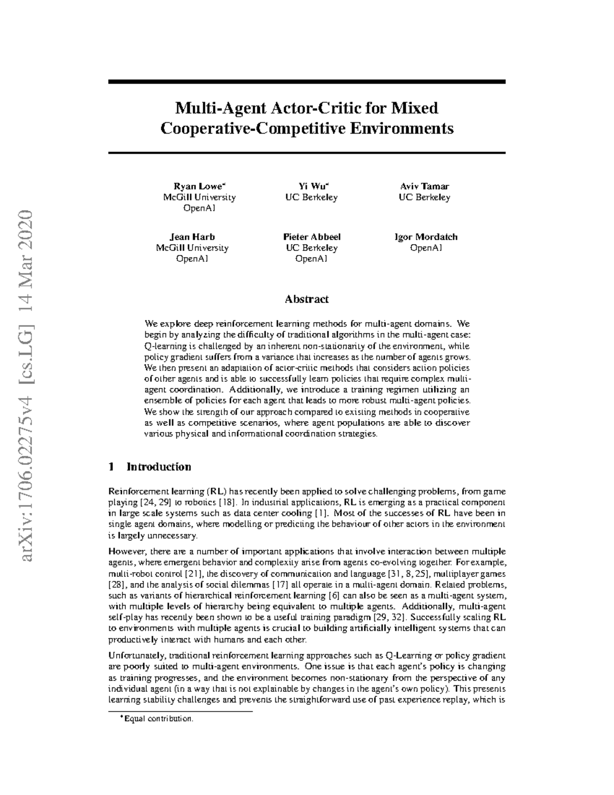 MADDPG: Deep Reinforcement Learning in Mixed Environments - Studocu