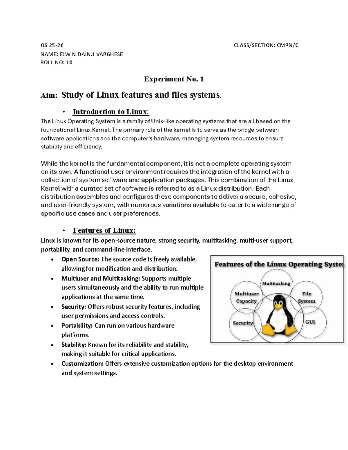 OS Experiment 1: Exploring Linux Features & File Systems - Studocu