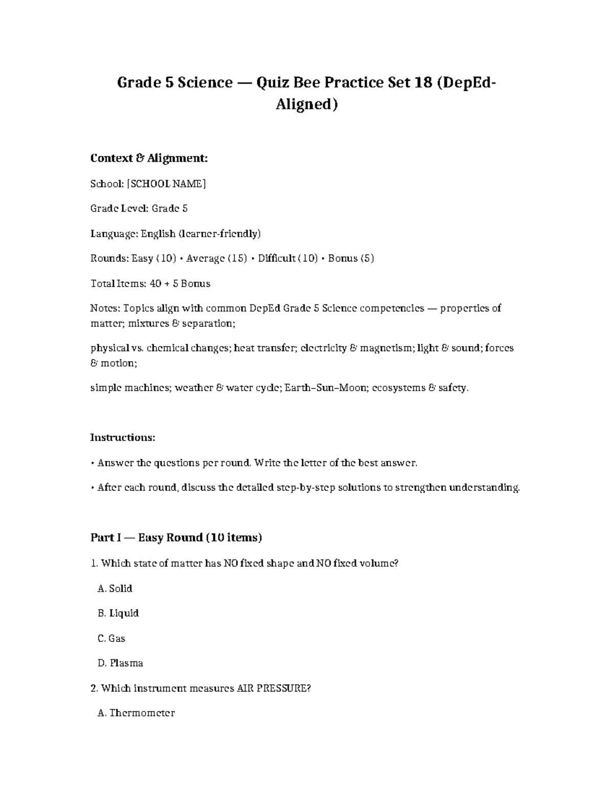 Grade 5 Science Quiz Bee Practice Set 18 (DepEd Aligned) - Studocu