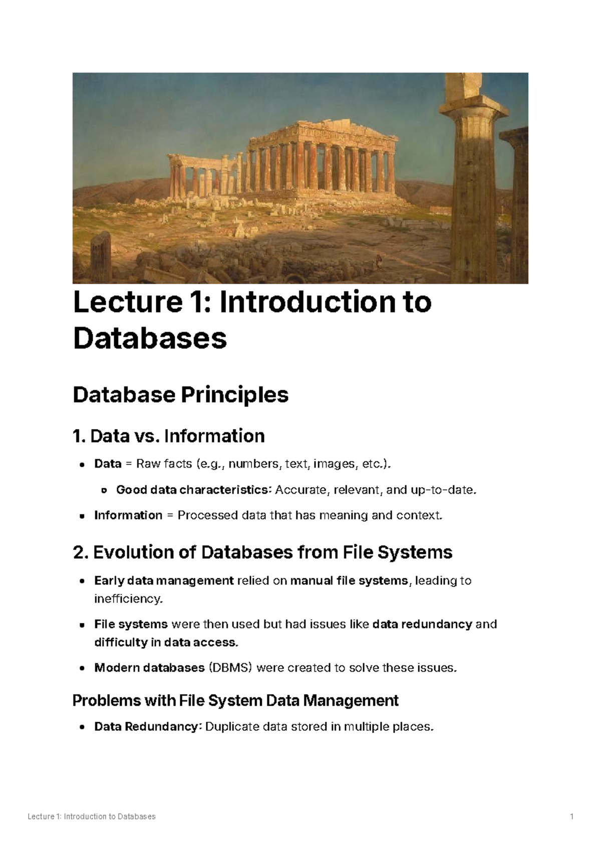Introduction to Databases - Lecture 1: Introduction to Databases Database Principles 1. Data vs ...