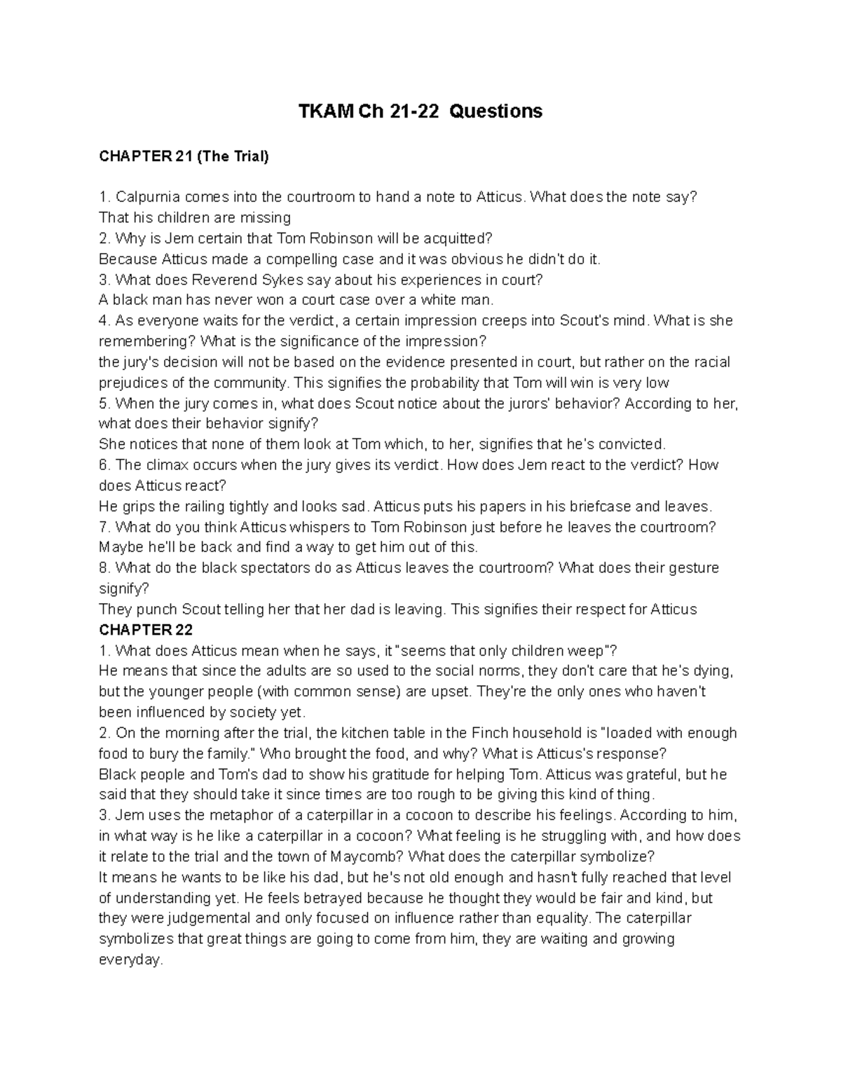 TKAM Chapter 21-22 Key Questions and Analysis for Study - Studocu