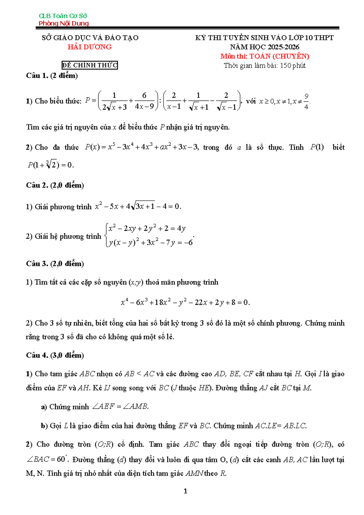 Đề Thi Tuyển Sinh Lớp 10 Môn Toán Chuyên Năm 2025-2026 Sở GD&ĐT Hải ...