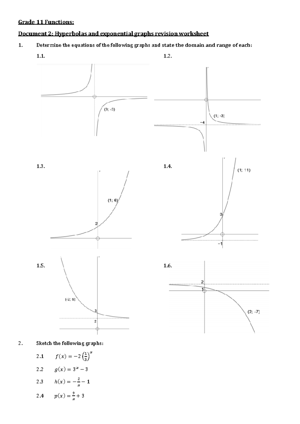 Document 2 Hyperbolas and exponential graphs revision worksheet - Grade ...