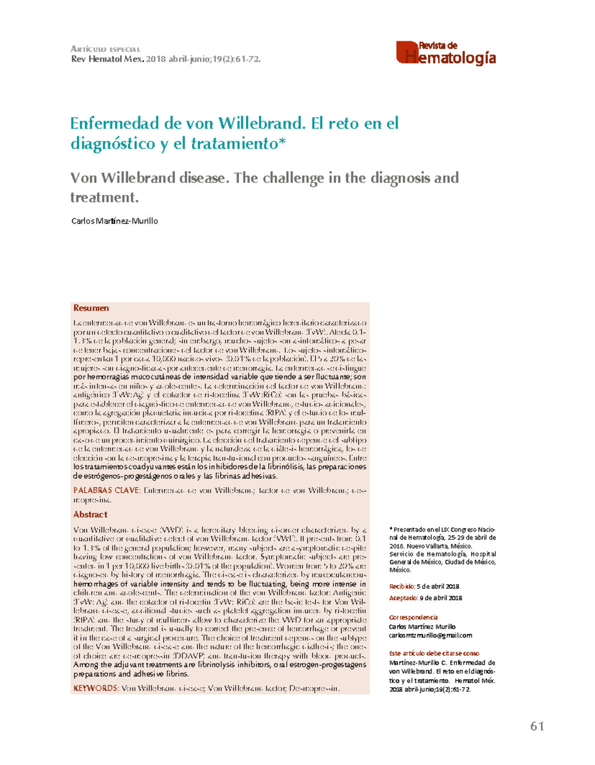 Enfermedad de von Willebrand: Diagnóstico y Tratamiento (Rev Hematol ...