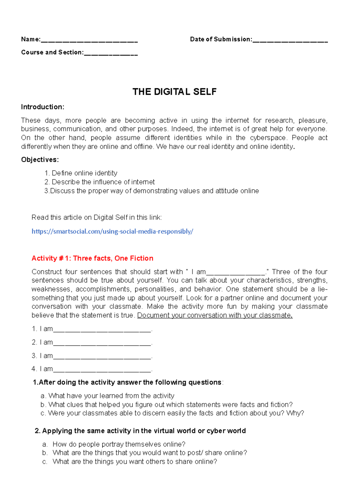 DIGITAL SELF (COURSE CODE) - Lecture Notes & Activities - Studocu