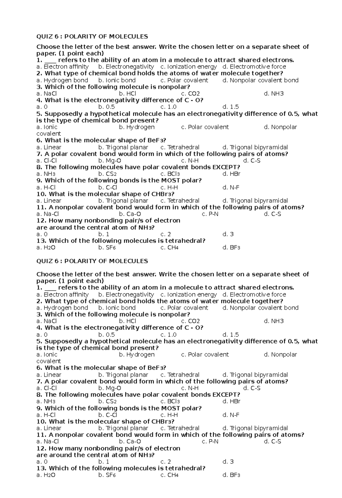 QUIZ 6: POLARITY OF MOLECULES - Multiple Choice Questions - Studocu